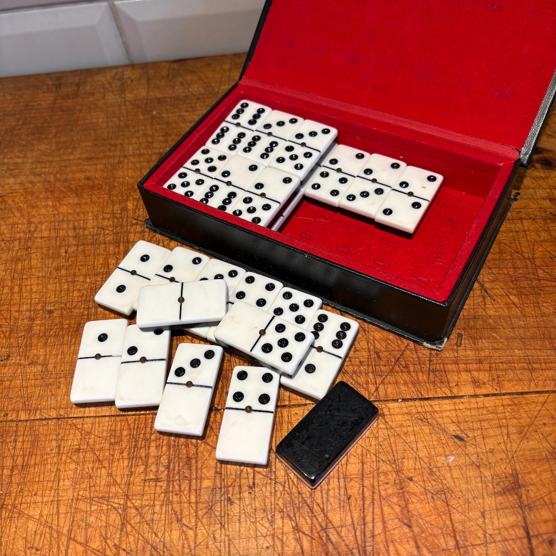 Vintage 28 Tile Double Six Dominoes Set in Original Box, Two Tone With ...