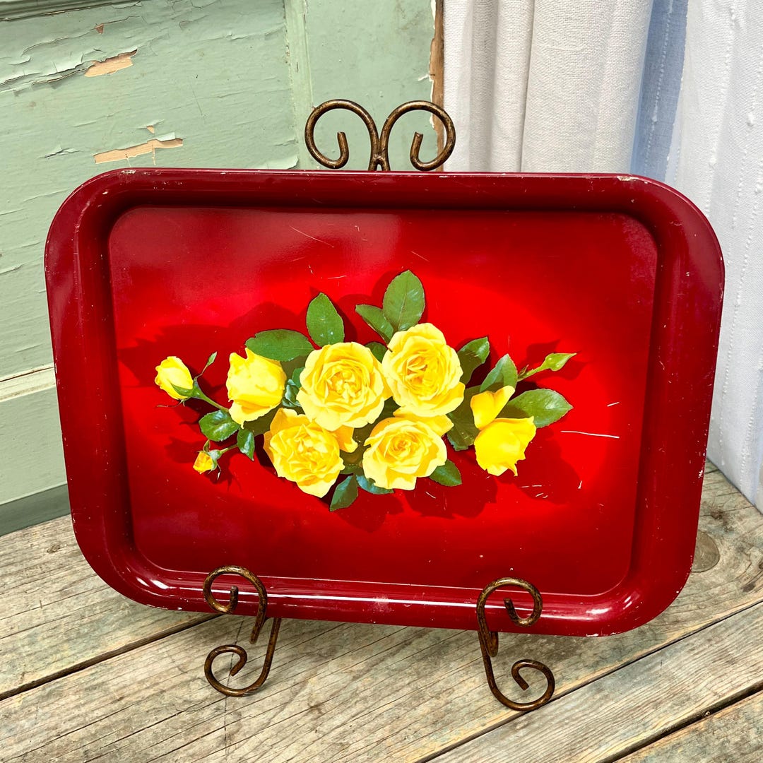 Vintage Toleware Tray: Red Metal Tray With Yellow Roses (14.75" X 11.75 ...