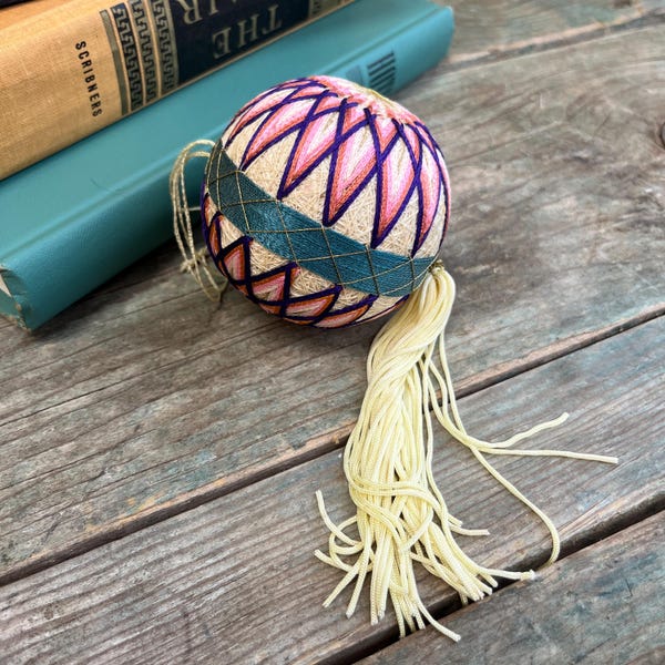 Vintage Temari Japanese Thread Ball, Ornament, Pink and Teal With ...