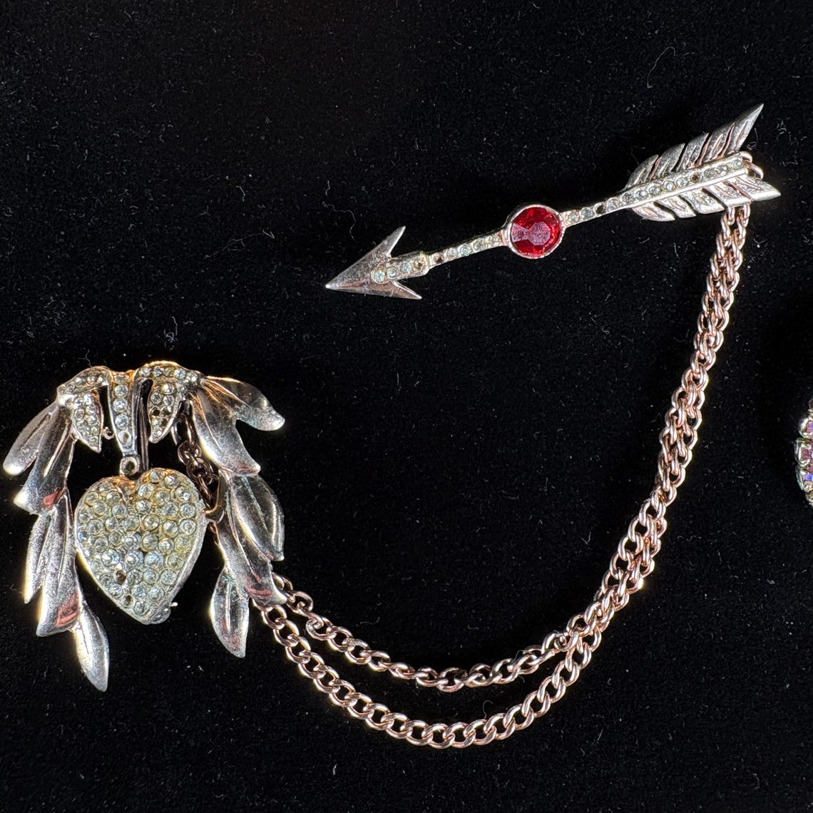 Vintage Brooches, Arrow and Heart Pin, Double Circle Pink Crystal Pin ...