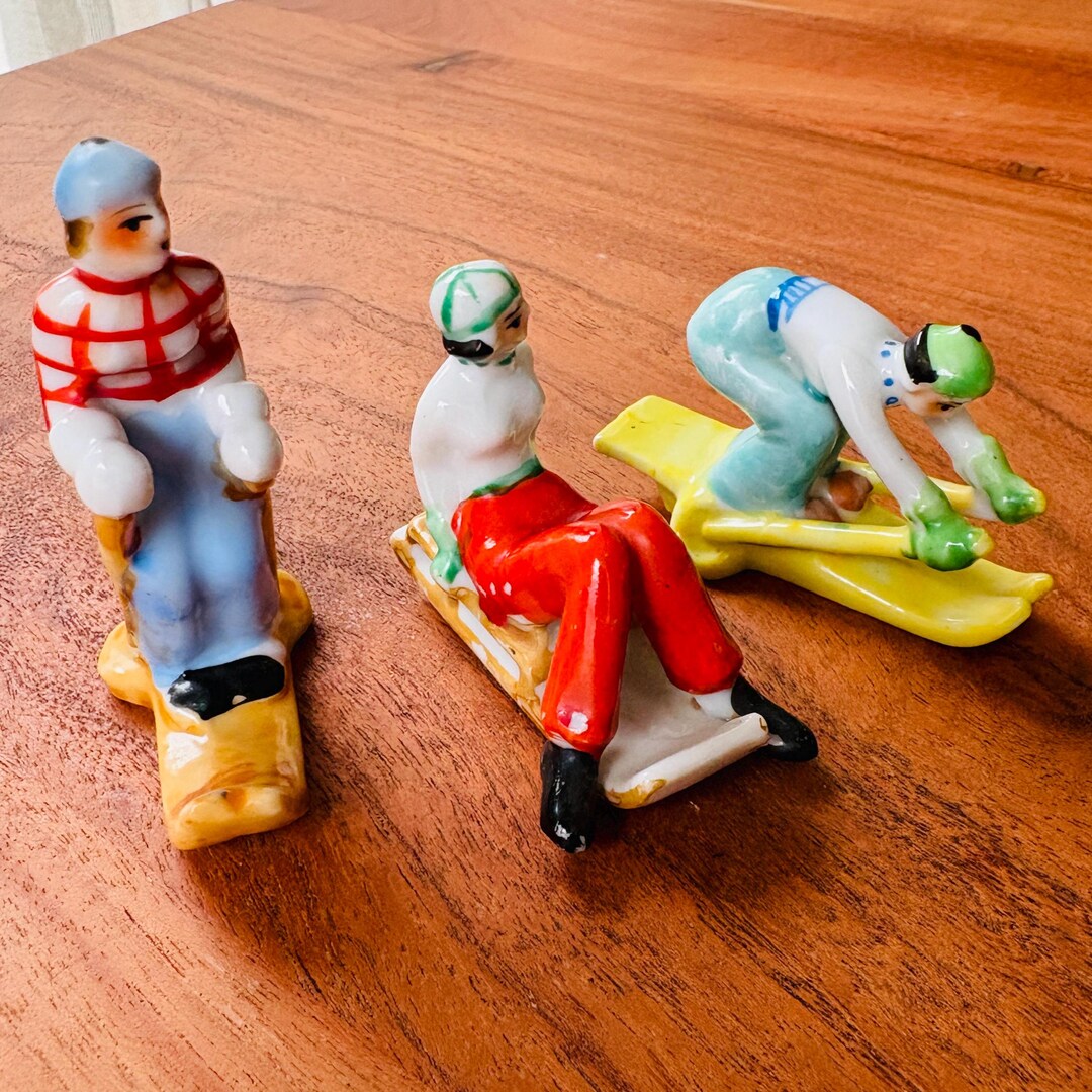 Vintage Skier Figurines, Set of Three, Ceramic Skiing Figures, Made in ...