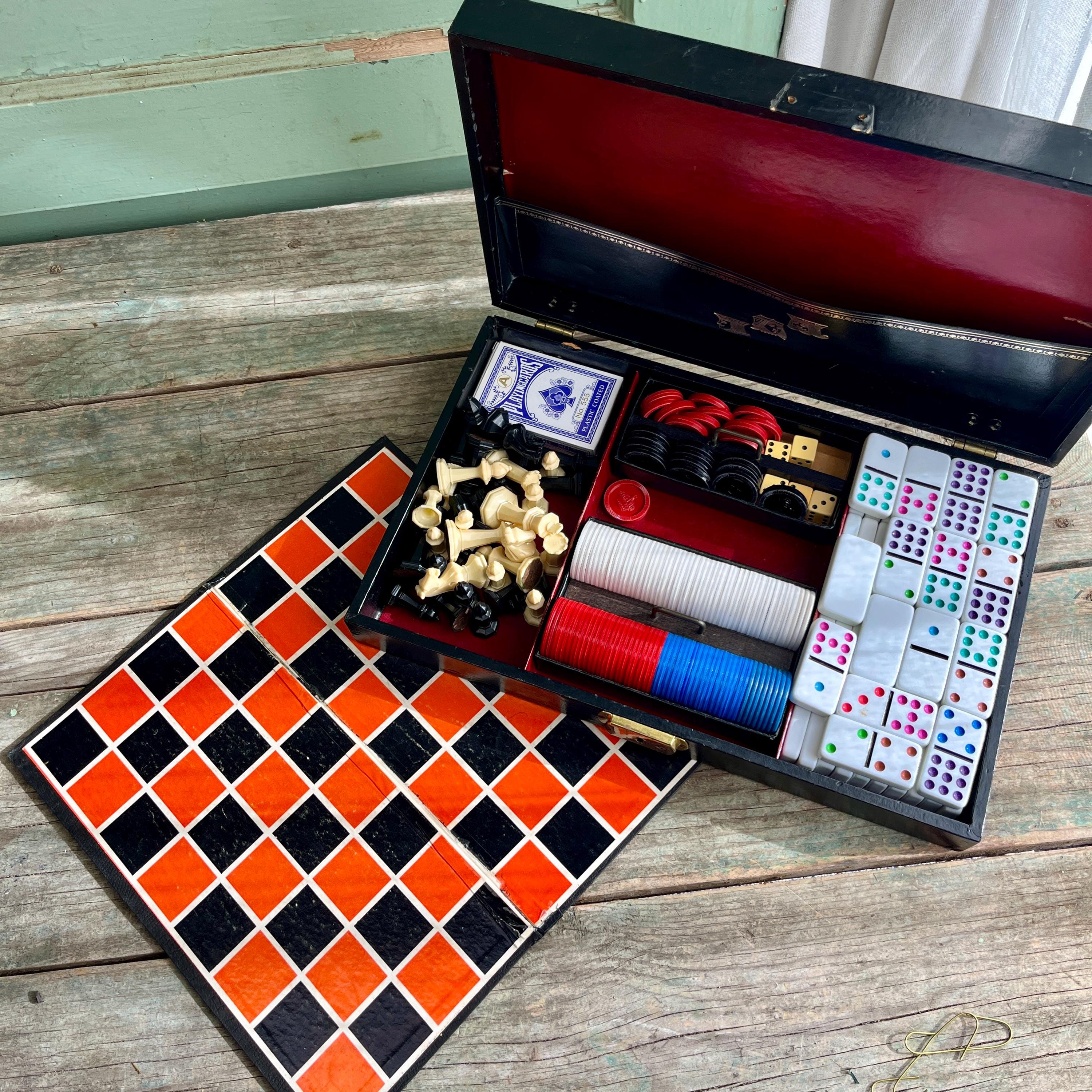Vintage Multi Game Set: Chess, Checkers, Dominoes, Poker in Leatherette ...
