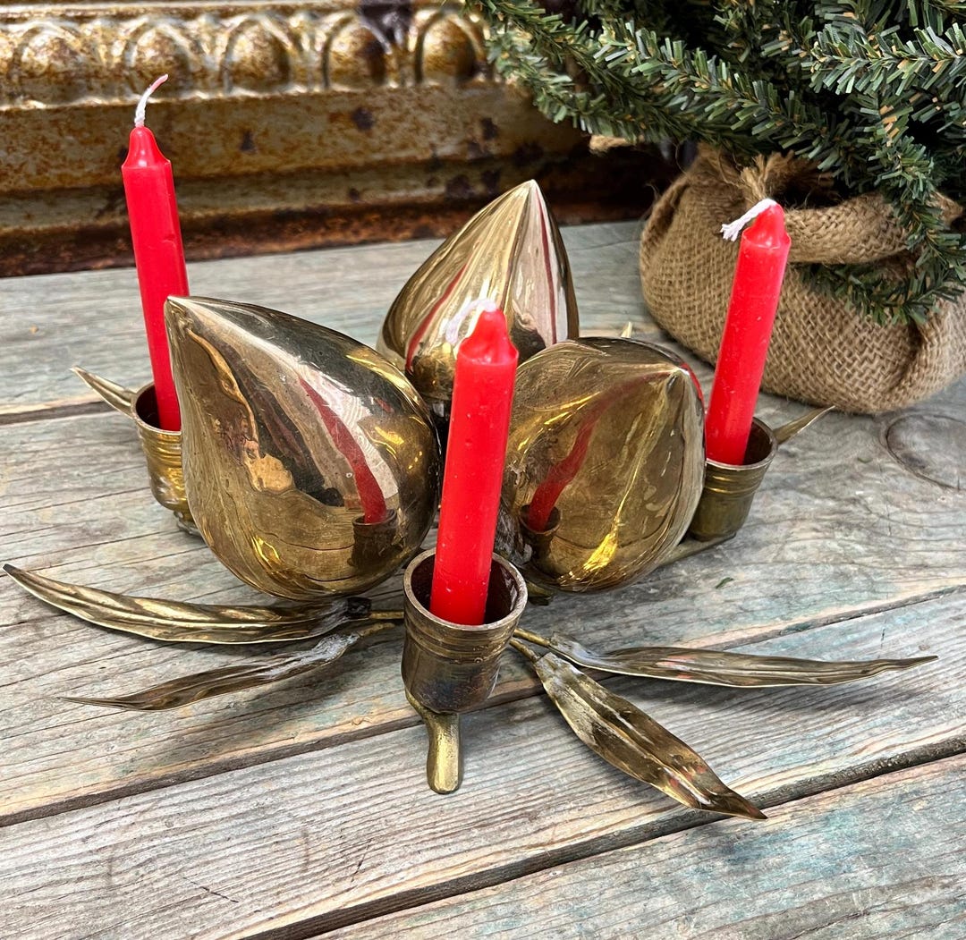 Vintage MCM Brass Candleholder With Fruit and Leaves, Centerpieces 12. ...