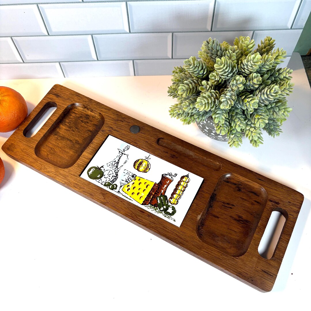Vintage Mid-century Modern Cheese Board | Illustrated Ceramic Tile, 70s ...