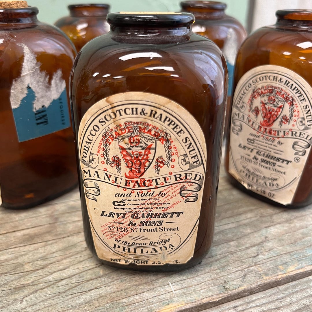 Antique Levi Garrett & Sons Snuff Bottle, Brown Glass With Labels, 5 ...