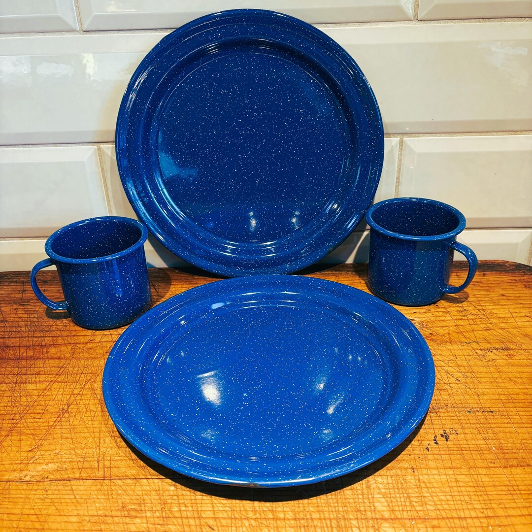 Vintage Royal Blue Speckled Enamelware Plates & Coffee Cups (4-piece ...