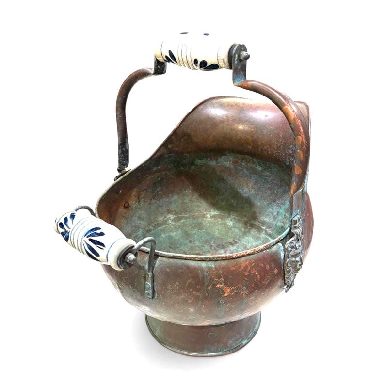 Vintage Copper & Brass Coal Scuttles, Plant Buckets With Delft Handles ...