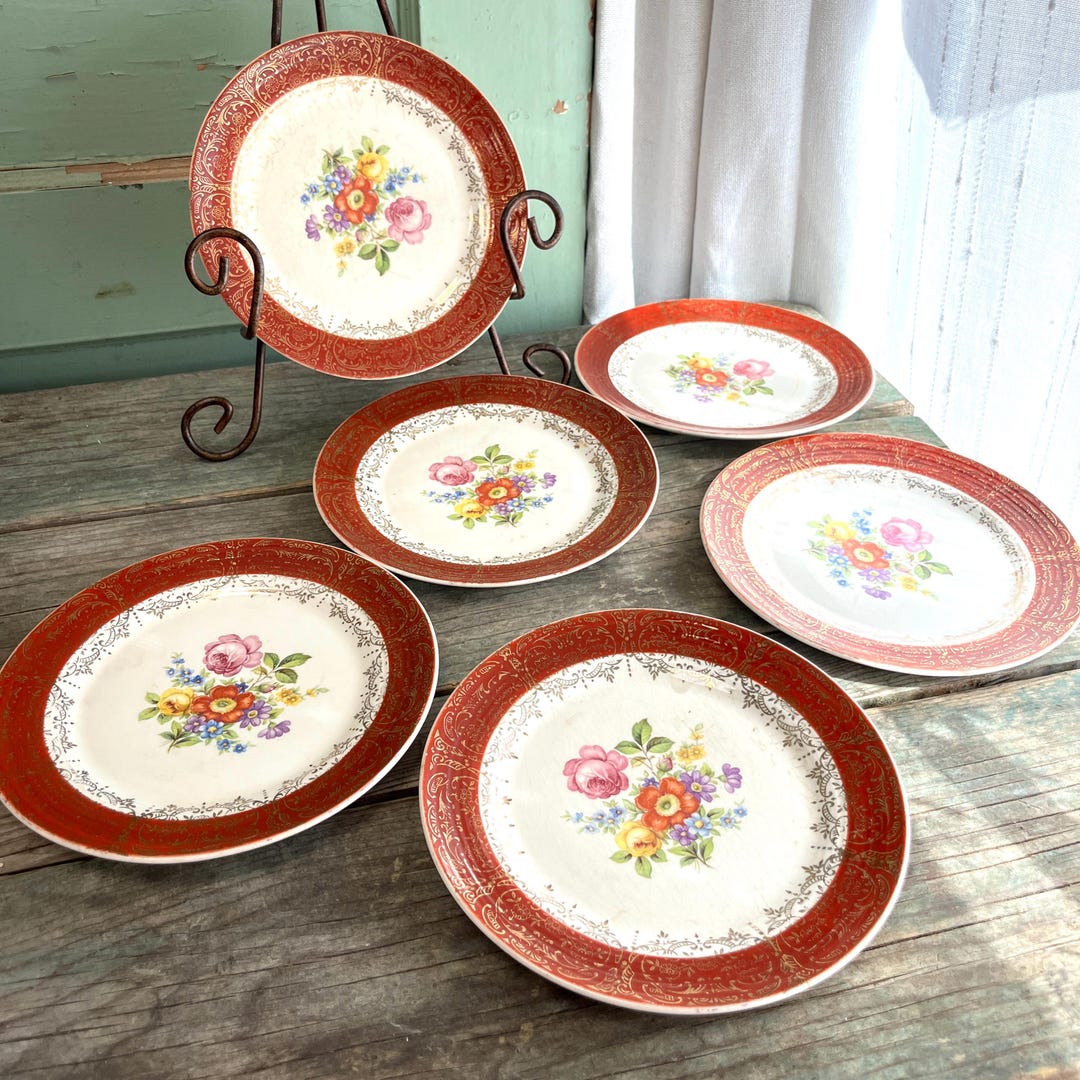 Vintage Leigh Ware by Leigh Pottery Set of 6 Salad Plates, Maroon ...
