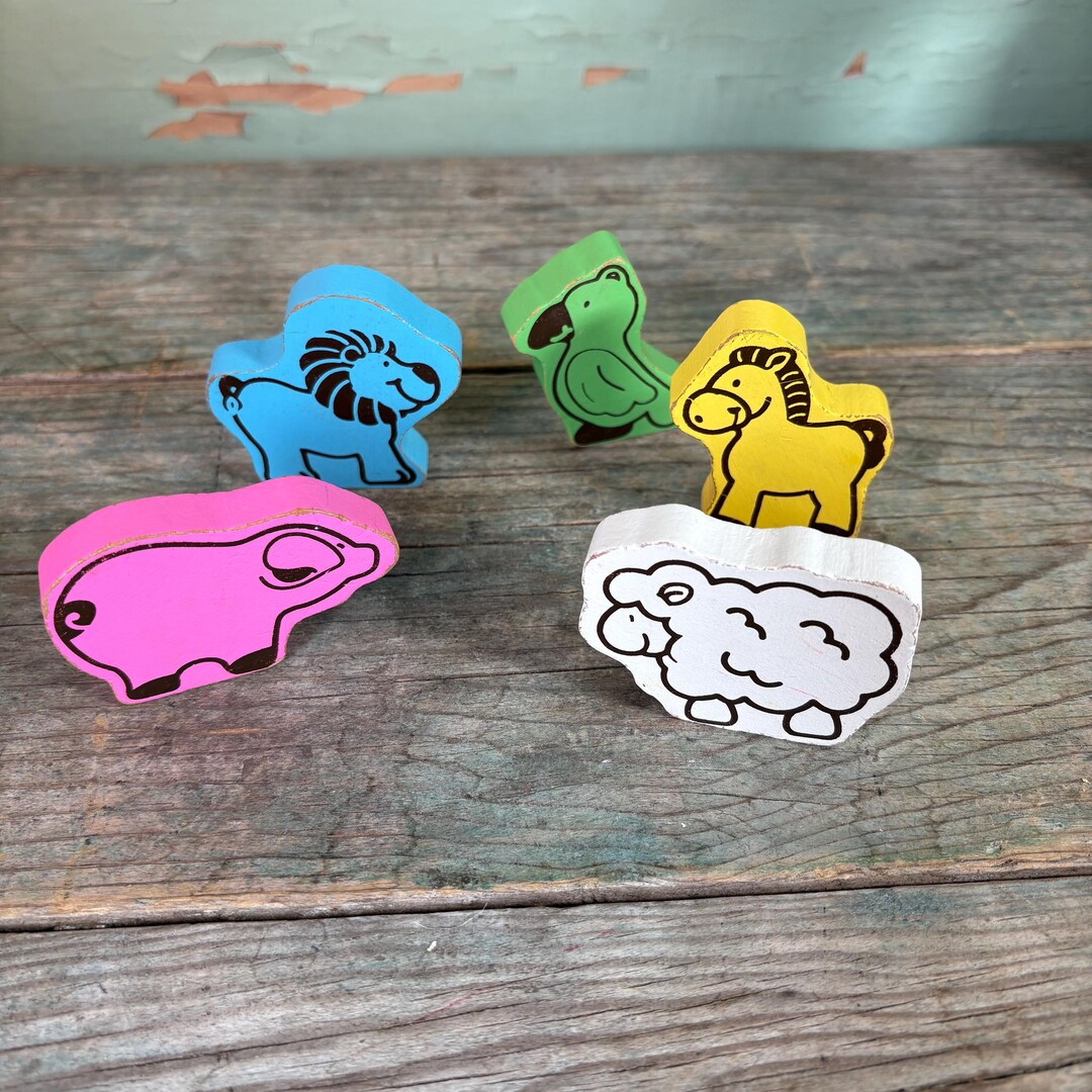Lot of 4 Wooden Farm/zoo Animals, Chunky Wood Animals, Painted, Lion ...