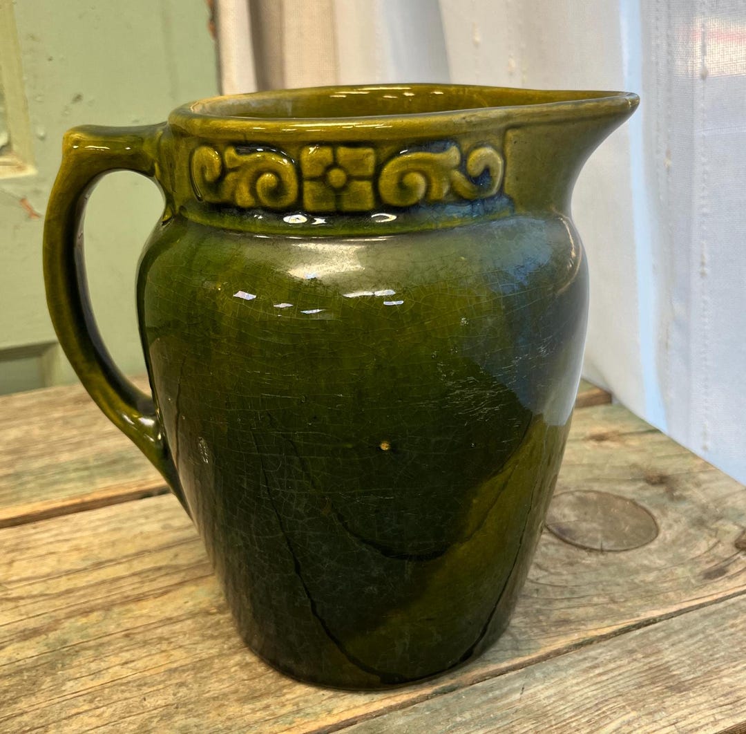 1940s Dark Green Glazed Yellow Ware Pitcher, 7" Farmhouse Pitcher, FREE ...