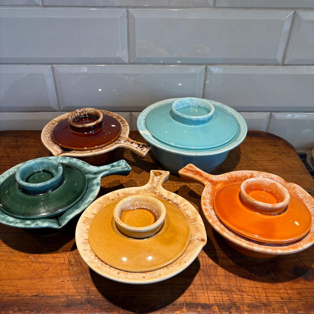 Vintage Hull Crestone Pottery Bowls With Lids: Drip Glaze Serving Dish ...