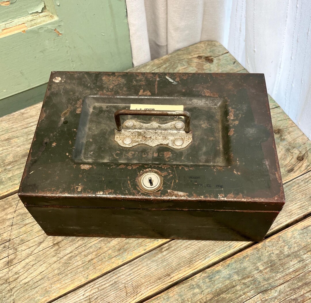 Antique Dark Green Metal Lock Box, Cash Box, Heavy Steel Box by Pioneer ...