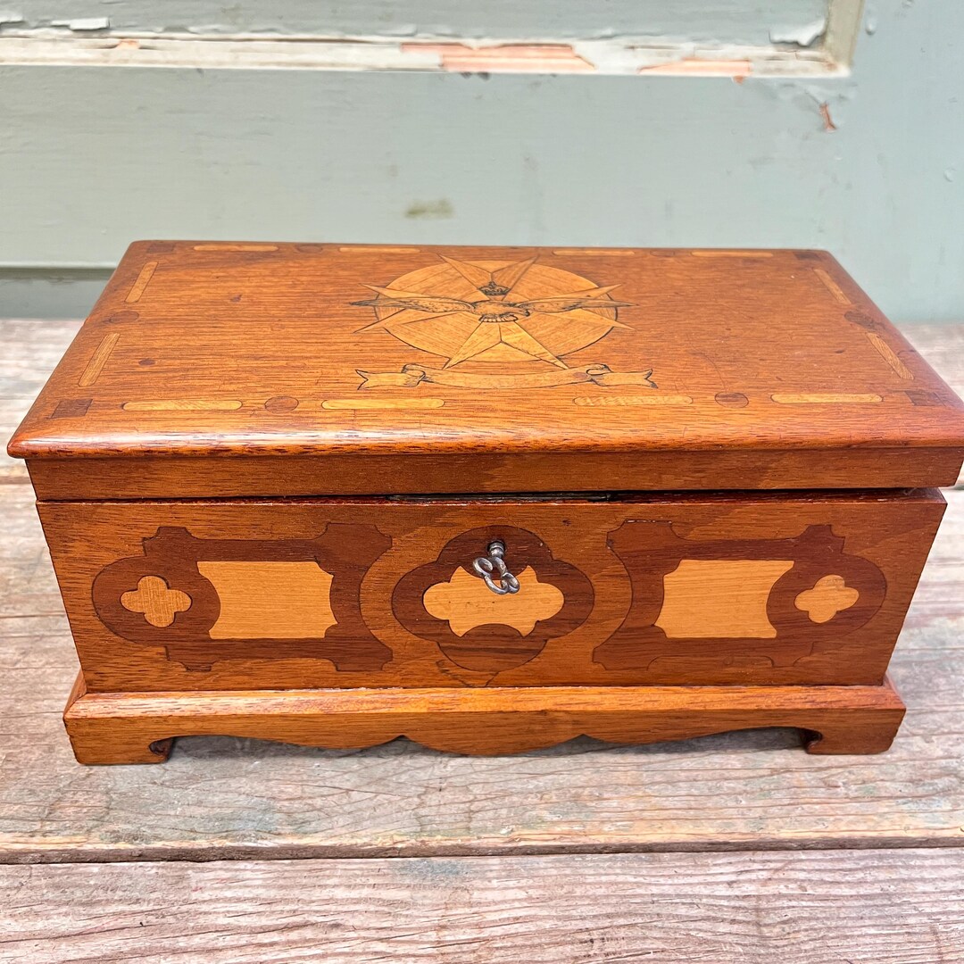 Antique Inlaid Wooden Box With Eagle and Crown Over Cross, Inlay in ...