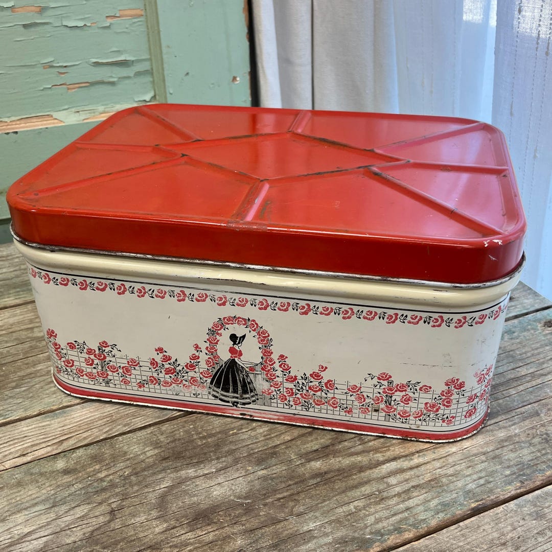 Vented Tin Bread Box, Bonnet Lady in Rose Garden, Vintage Americana ...