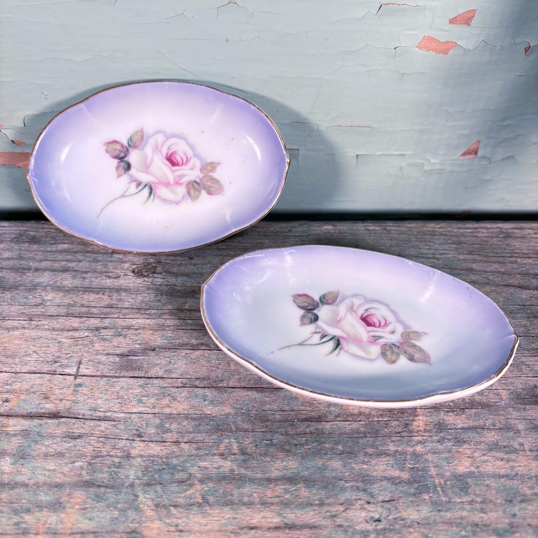 Vintage Rose Floral Salt Cellars, Gold Trimmed, Trinket Dishes ...