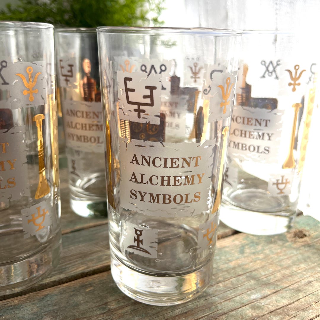Set of 8 ANCIENT ALCHEMY SYMBOLS Vintage Libby Glass Barware, With Gold ...