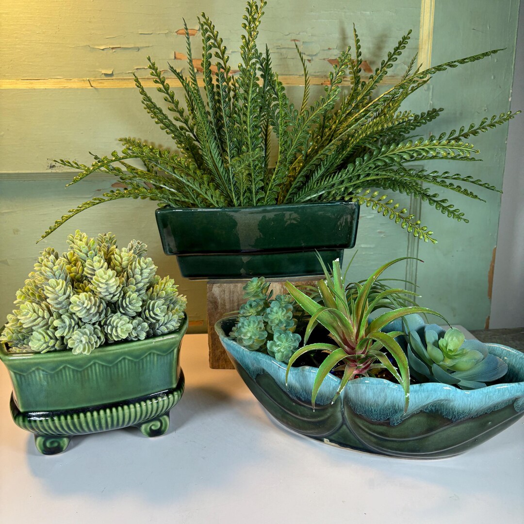 Vintage Hull Pottery Planters, F82, F77, Green, Drip Glaze, Mid Century ...