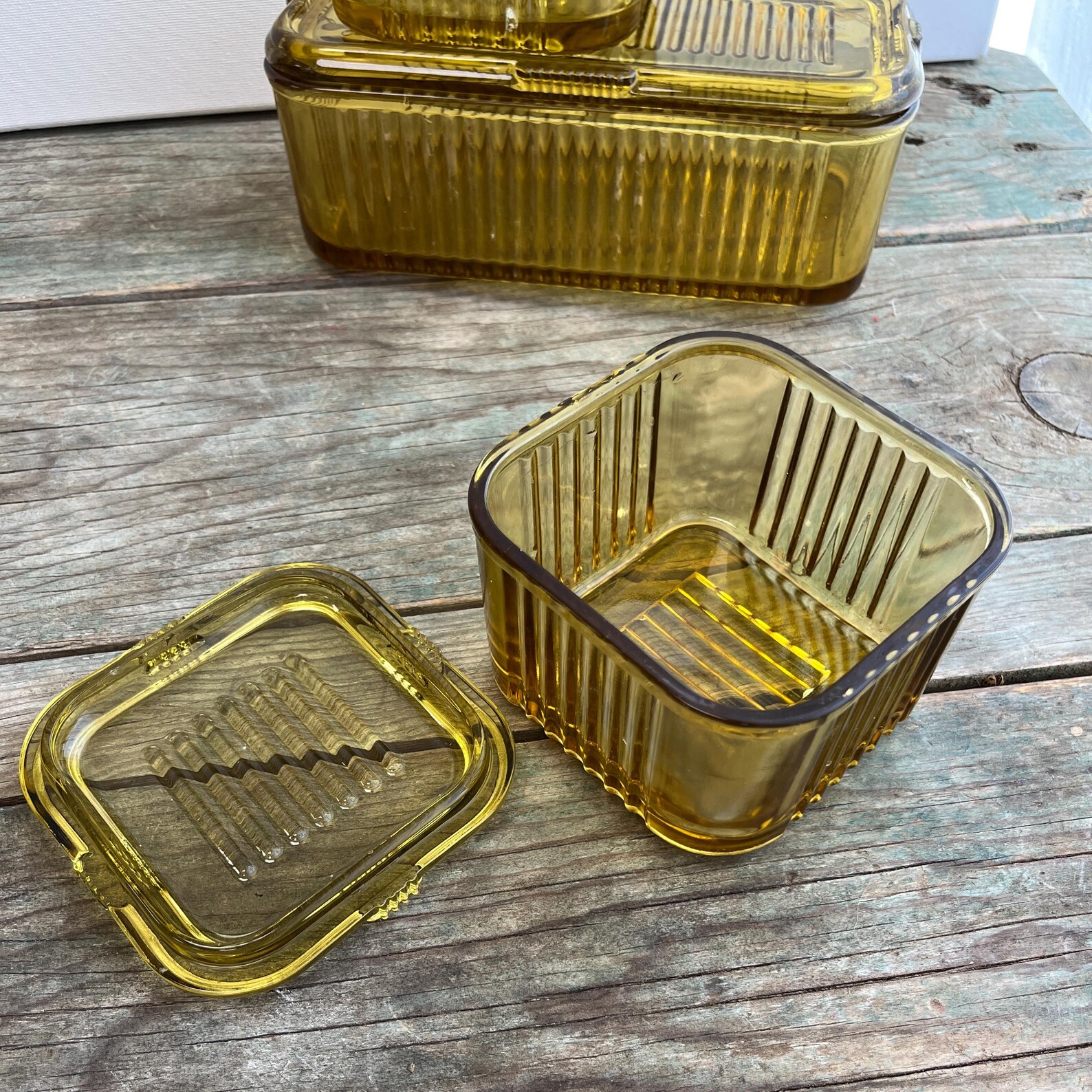 Set of 3 Glass Refrigerator Dishes, Federal Glass Company, Ribbed Amber ...