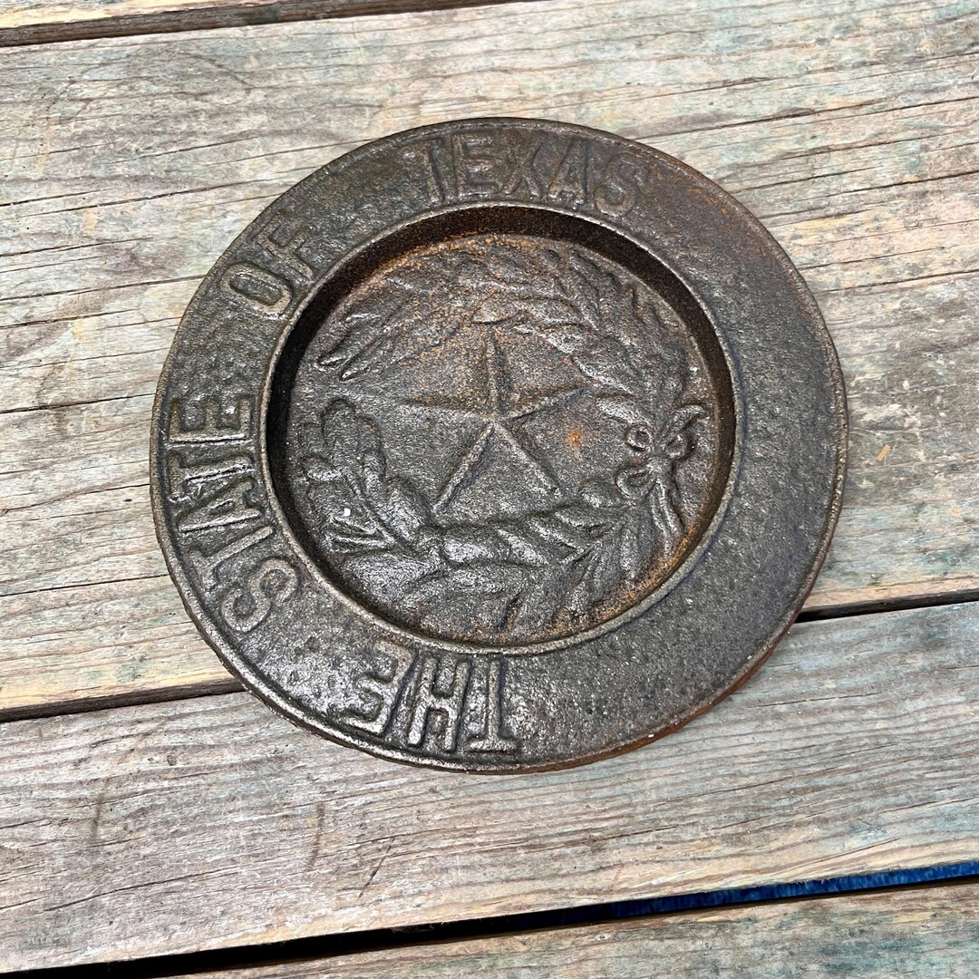 Vintage State of Texas Seal Cast Iron Medallion, Shallow Dish With the ...