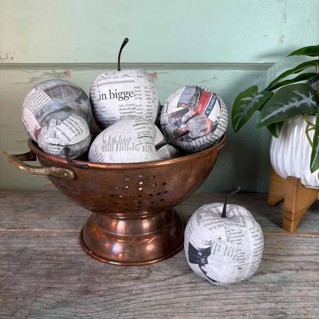 Vintage Newsprint Fruit: Paper Mache Apples and Pears Set - Etsy