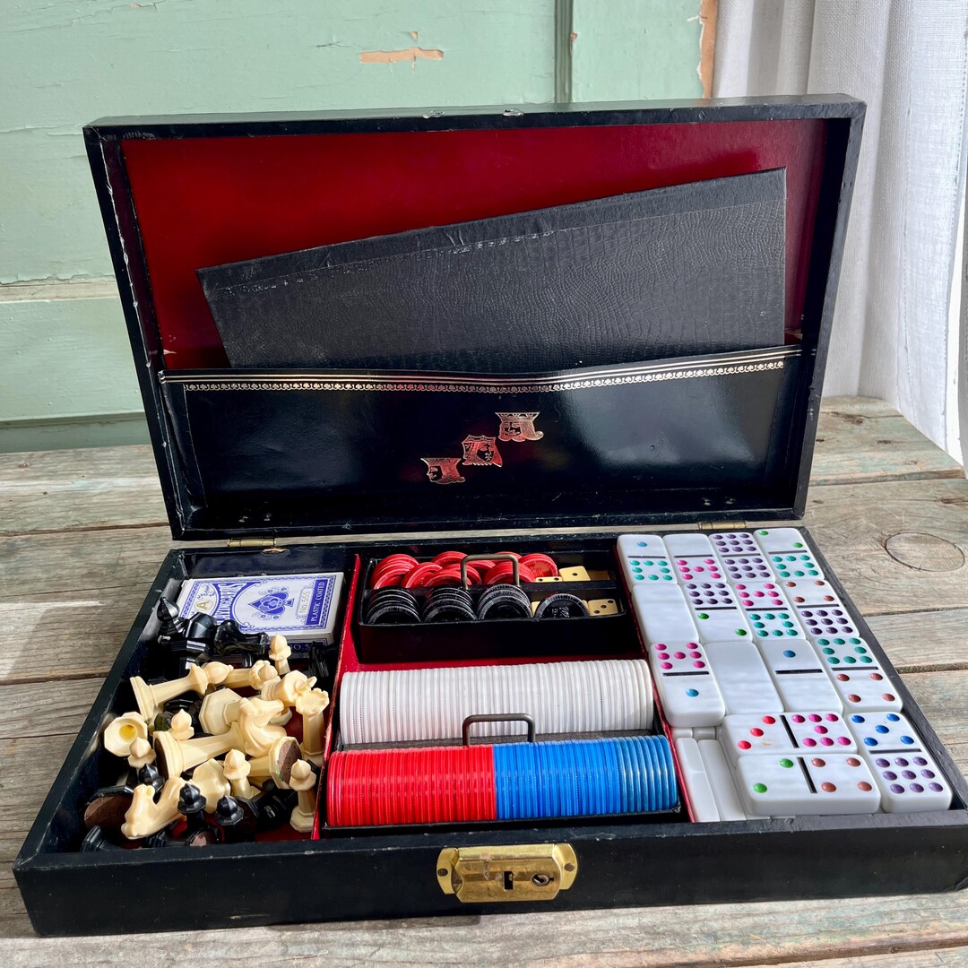 Vintage Multi Game Set: Chess, Checkers, Dominoes, Poker in Leatherette ...