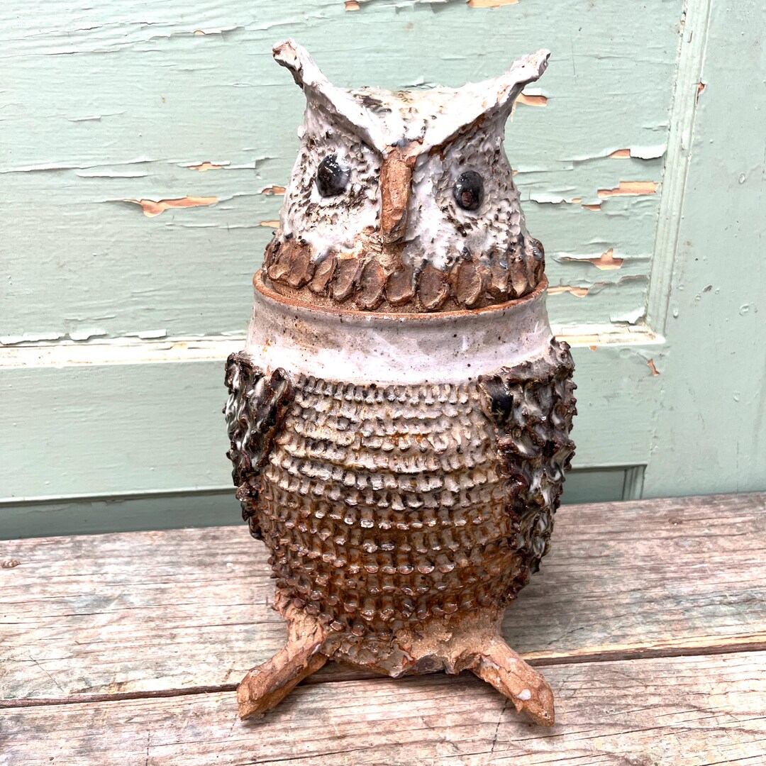 Vintage Stoneware Owl Jar, Great Horned Owl Sculpture, Handmade, One of ...