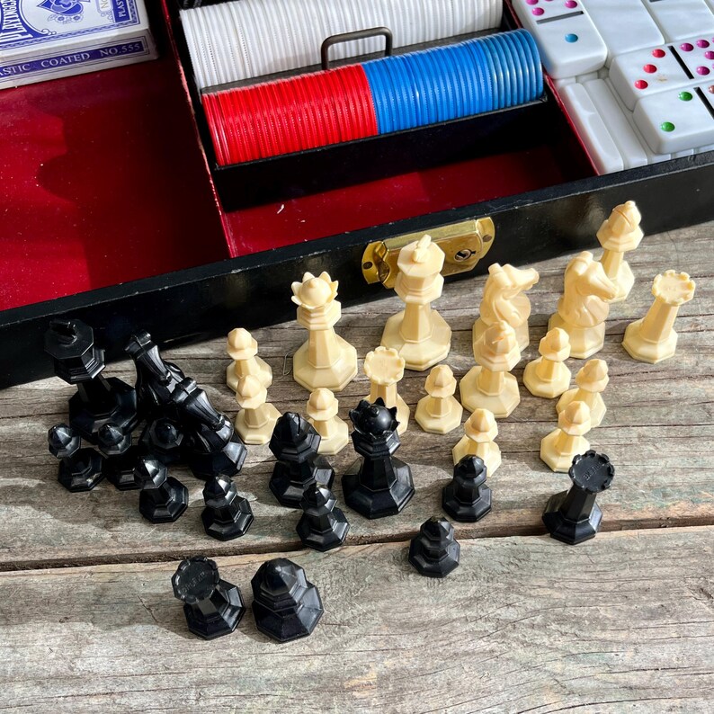 Vintage Multi Game Set: Chess, Checkers, Dominoes, Poker in Leatherette ...
