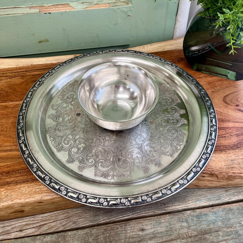 Vintage ONEIDA Silver Plate Tray 12.5 Snack Tray Platter W/ Dip Cup ...