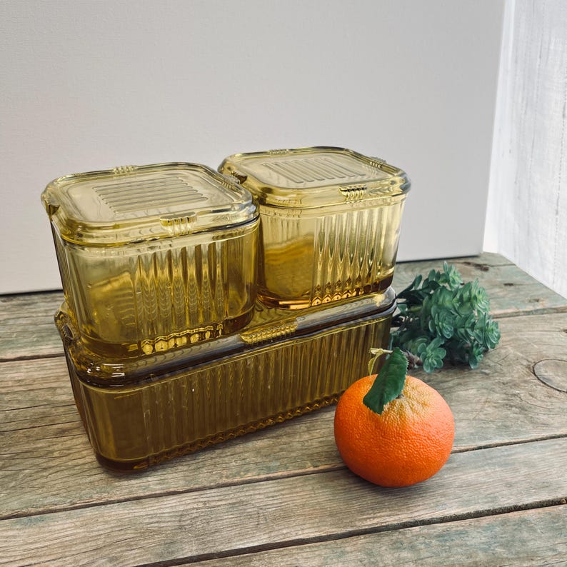 Set of 3 Glass Refrigerator Dishes, Federal Glass Company, Ribbed Amber ...