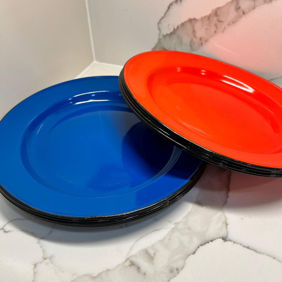 Vintage Enamelware Plates, 10 Available, 5 Royal Blue and 5 Red-orange ...