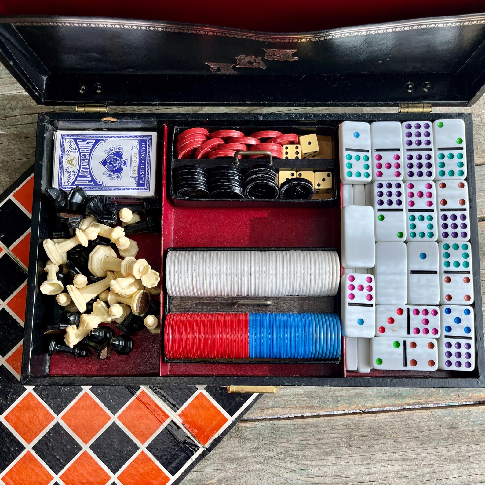 Vintage Multi Game Set: Chess, Checkers, Dominoes, Poker in Leatherette ...