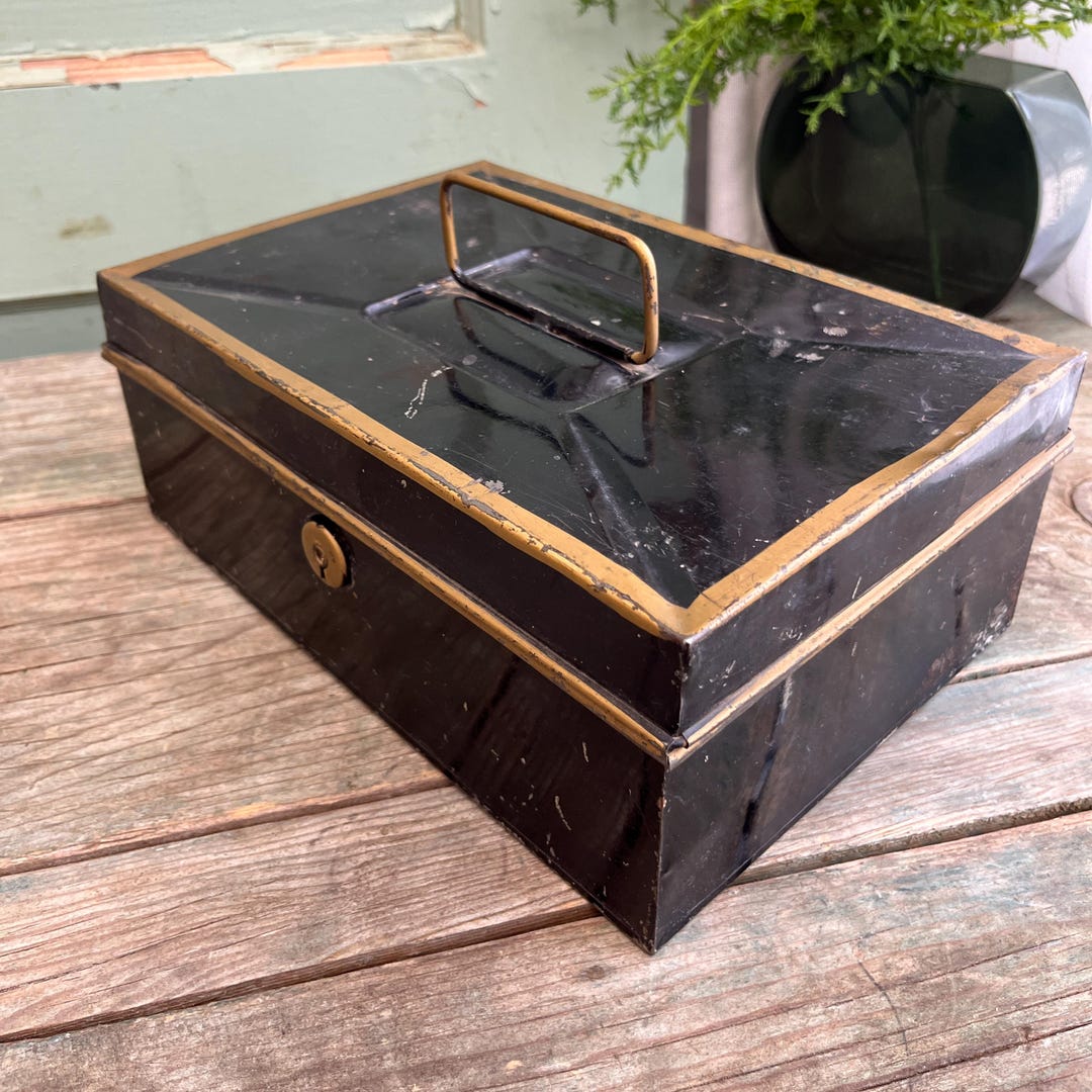 Antique Black Metal Lock Box With Gold Tone Detail, Early 1900s, No ...