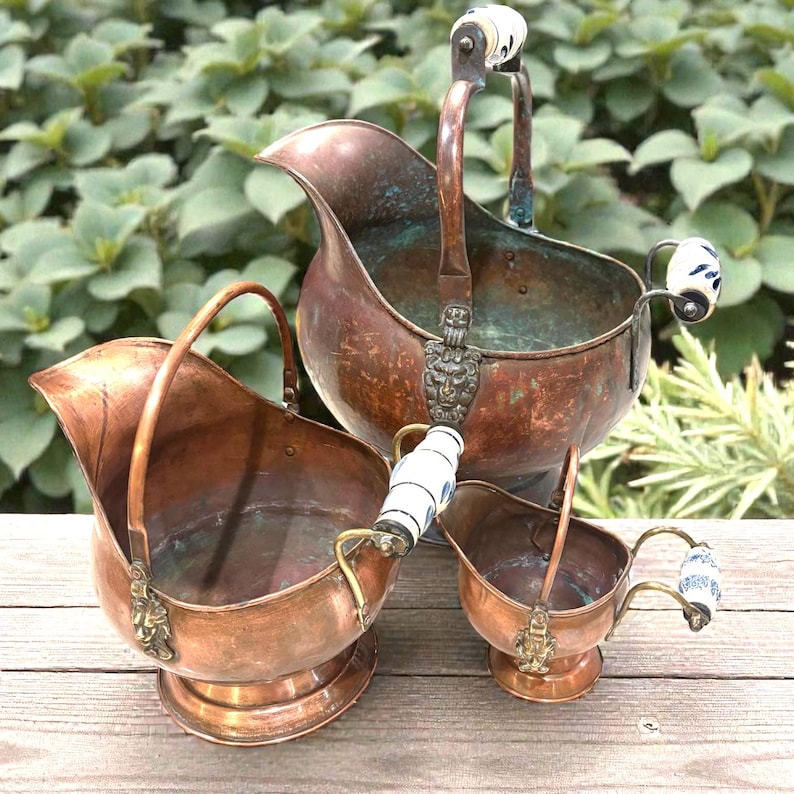 Vintage Copper & Brass Coal Scuttles, Plant Buckets With Delft Handles ...