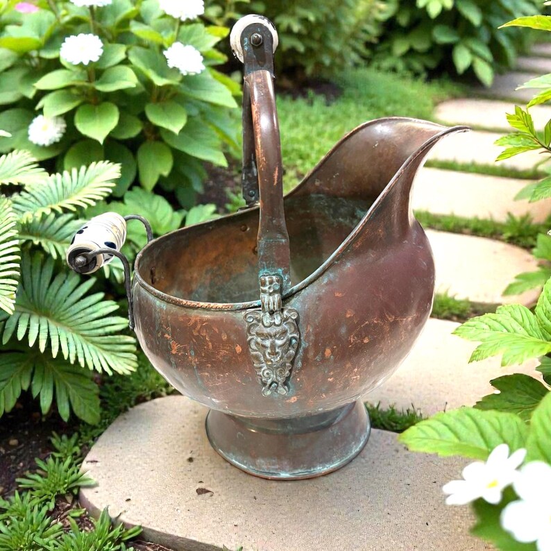 Vintage Copper & Brass Coal Scuttles, Plant Buckets With Delft Handles ...
