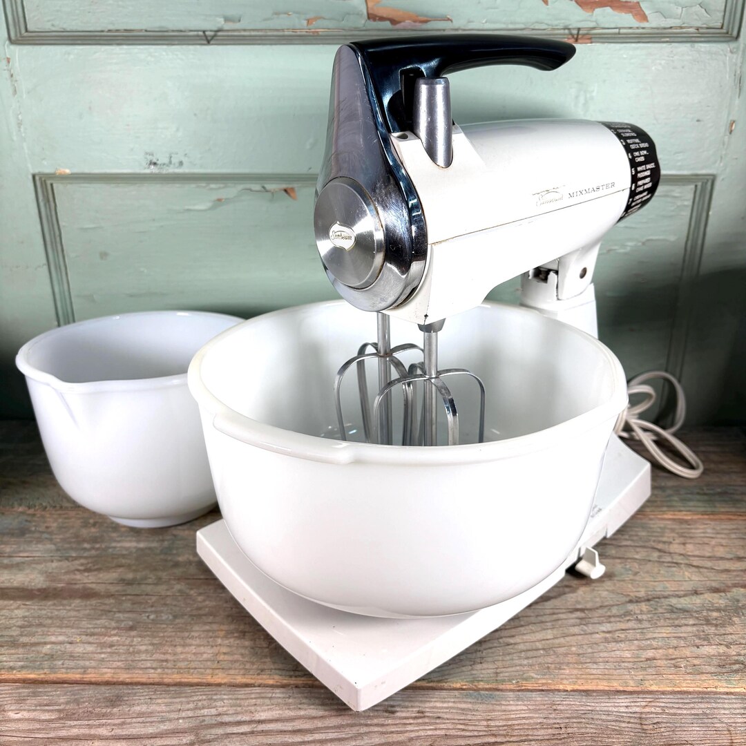 Vintage 1970s Sunbeam Mixmaster 12-speed Mixer, Two Fire- King Glasbake ...