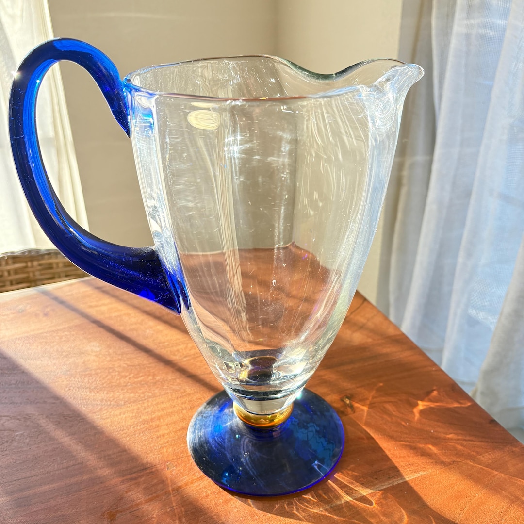 VTG Romanian Glass Vase, Crystal With Cobalt Blue Handle, Base, Glass ...