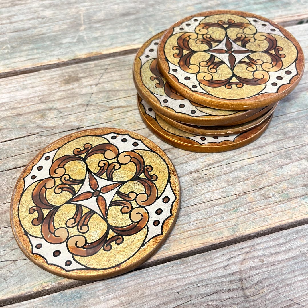 Vintage Florentine Style Coasters: Reverse Glass Painted Gold Gilt Set ...