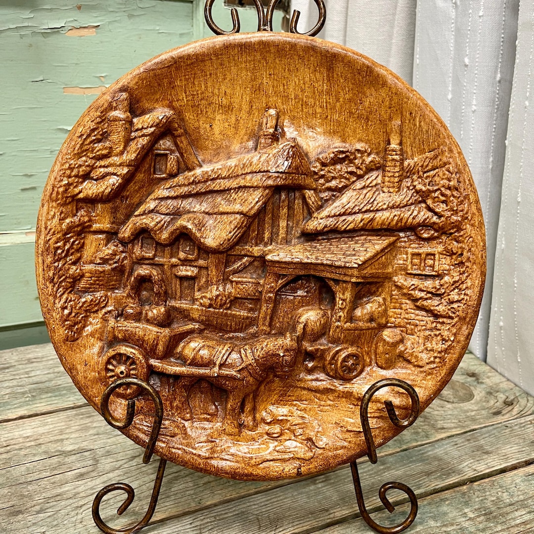 Vintage W. H. Bossons Style Plate, Plaster Cast Relief of Medieval Farm ...