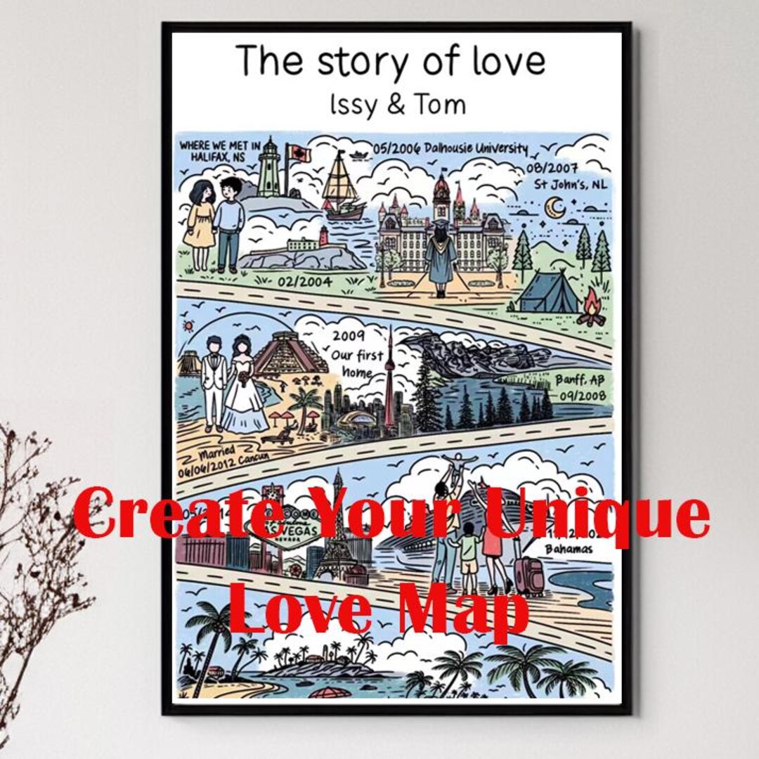 Personalized Custom Map, Colored Love Story Map, Relationship Map ...