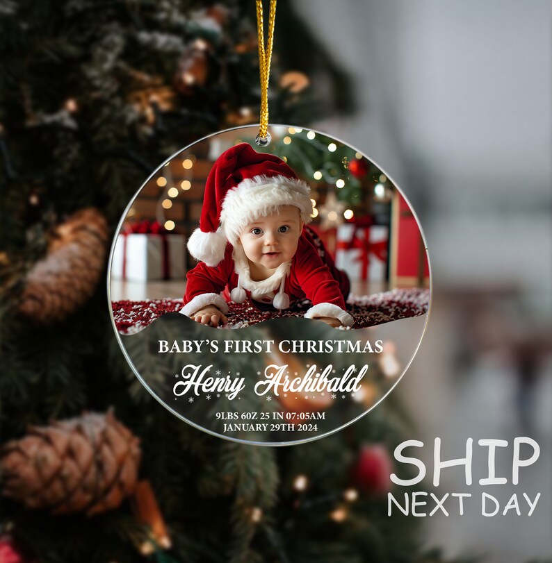 Baby's First Christmas Custom Photo Ornament, New Baby Birth Stats ...