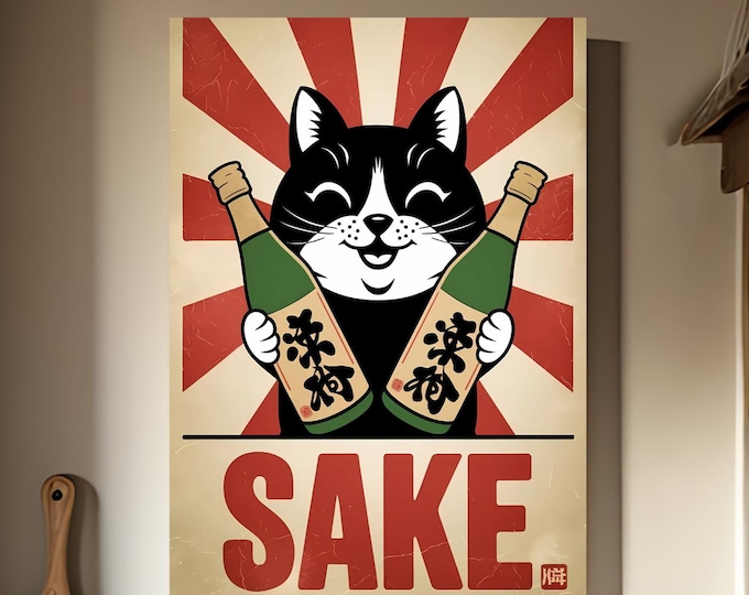 Funny Black Cat Sake Art Japanese Sake Print Japanese Wall Art Food and ...