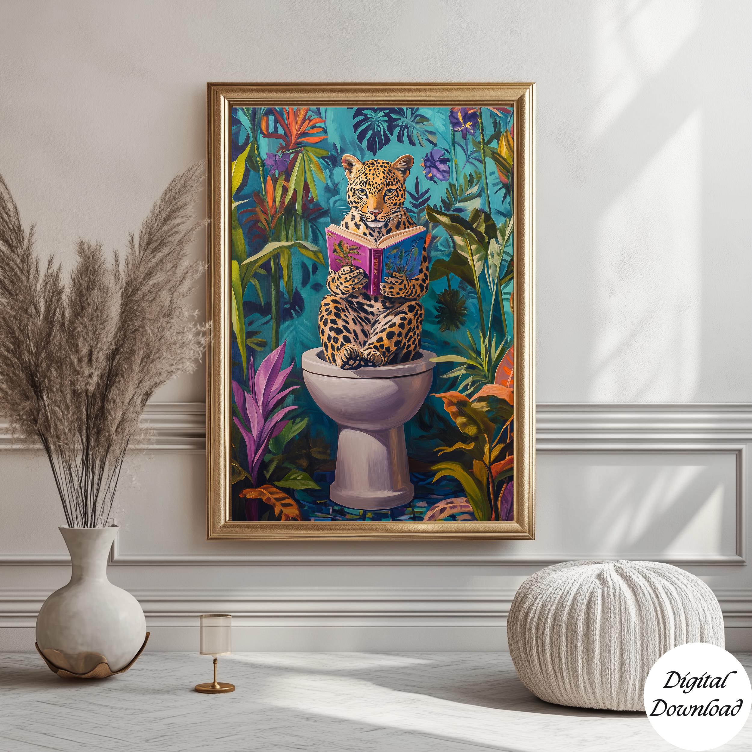 Leopard Reading in Vintage Toilet animal Wall Art Leopard Decor ...