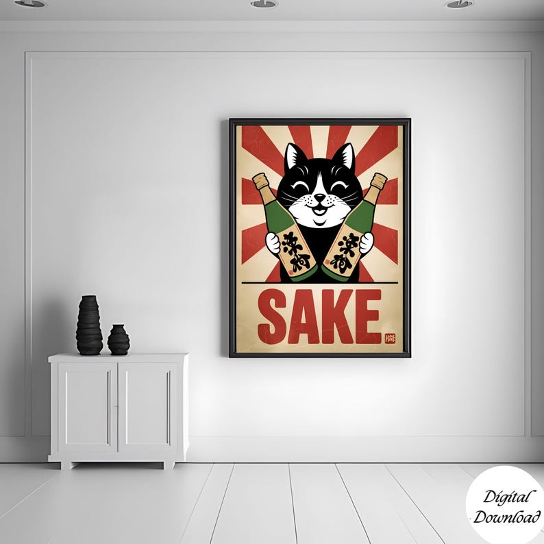 Vintage Japanese Cat Sake Poster - Retro Wall Art | Fun Cat and Sake ...