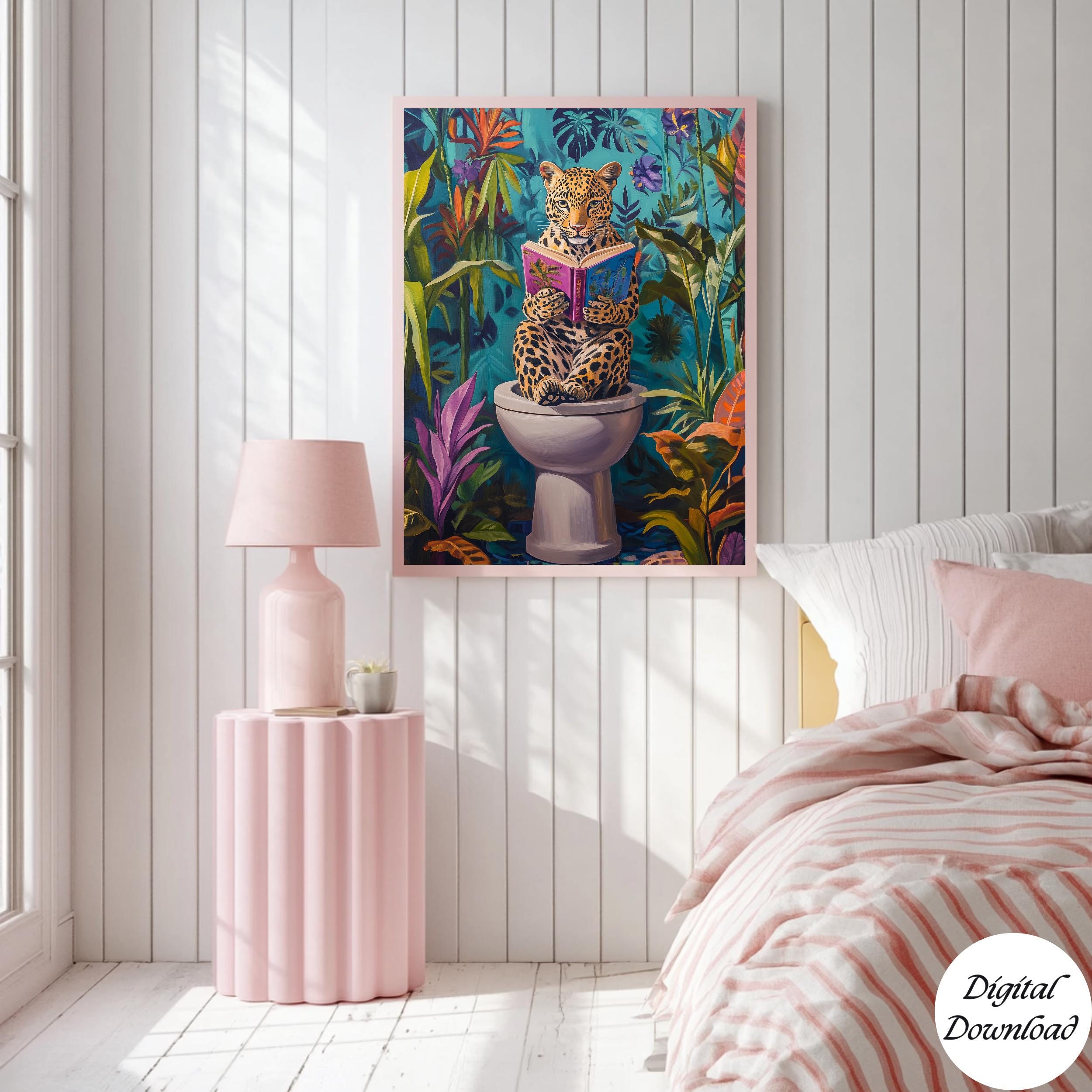 Leopard Reading in Vintage Toilet animal Wall Art Leopard Decor ...