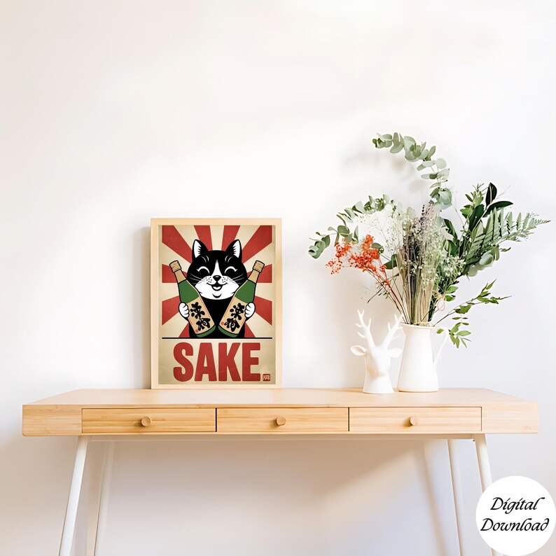 Vintage Japanese Cat Sake Poster - Retro Wall Art | Fun Cat and Sake ...