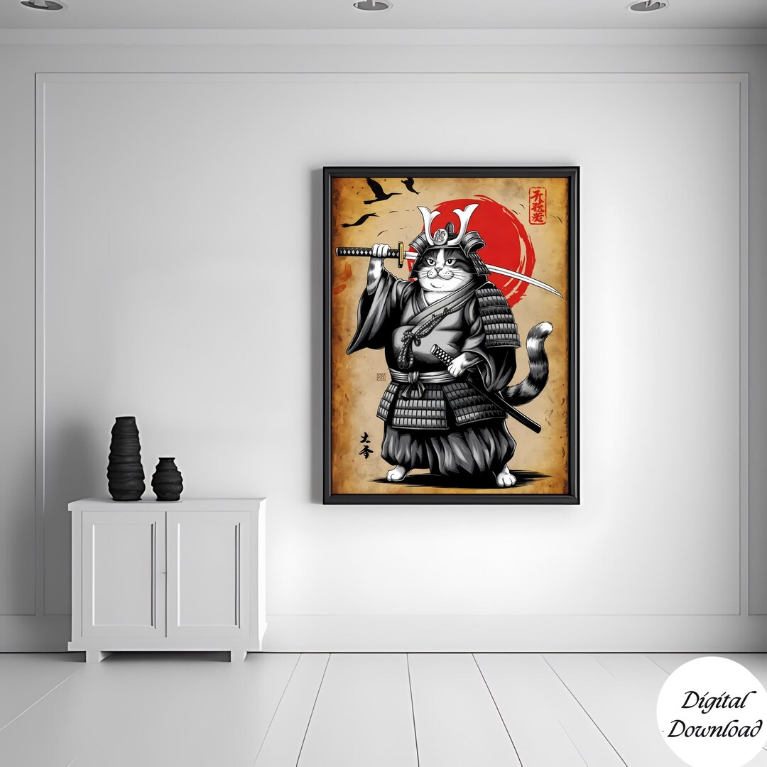 Samurai Fat Cat Warrior Wall Art - Vintage Japanese Style Digital ...