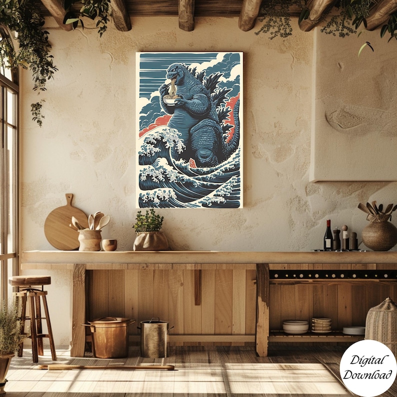 Vintage Japanese Kaiju Monster Wall Art - Godzilla Eating Ramen and the ...