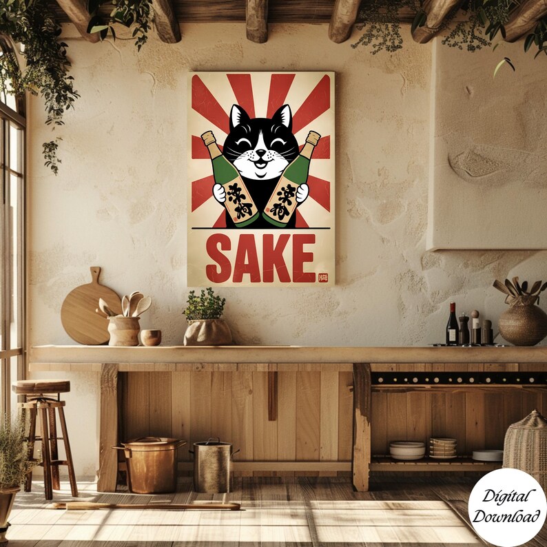 Vintage Japanese Cat Sake Poster: Retro Kitchen Art (digital Download ...
