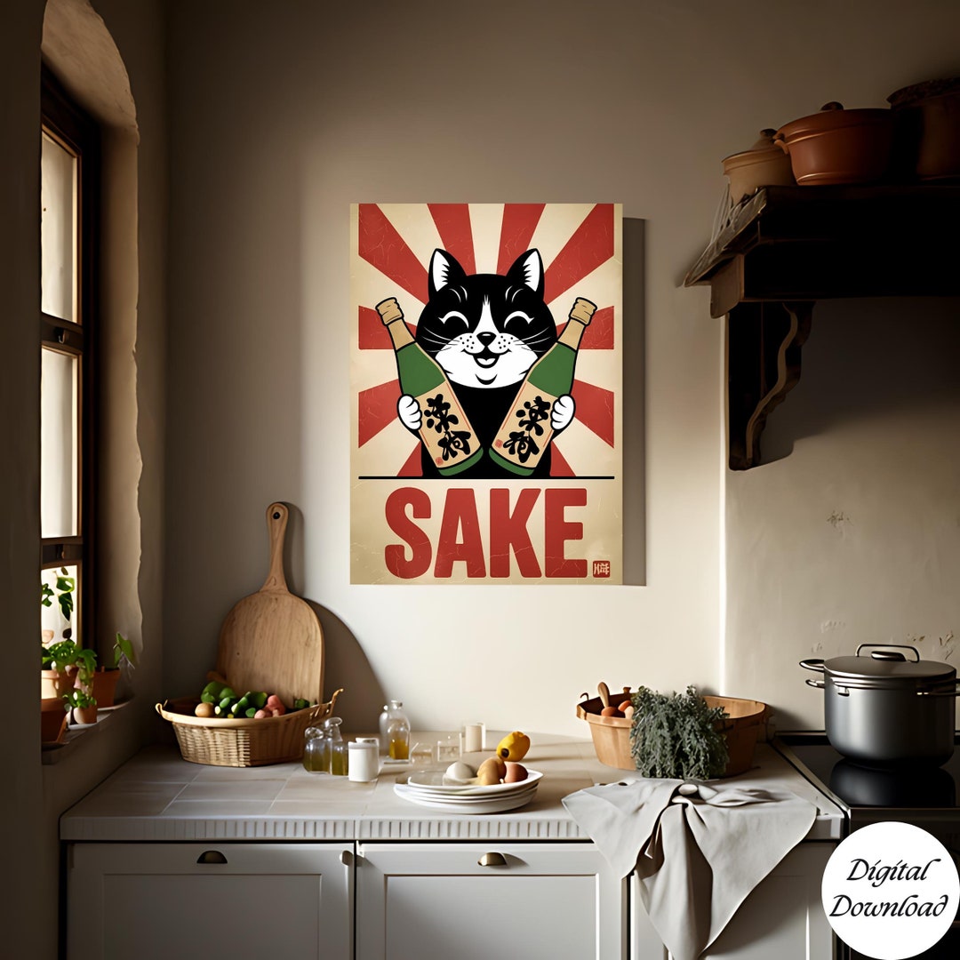 Vintage Japanese Cat Sake Poster - Retro Wall Art | Fun Cat and Sake ...