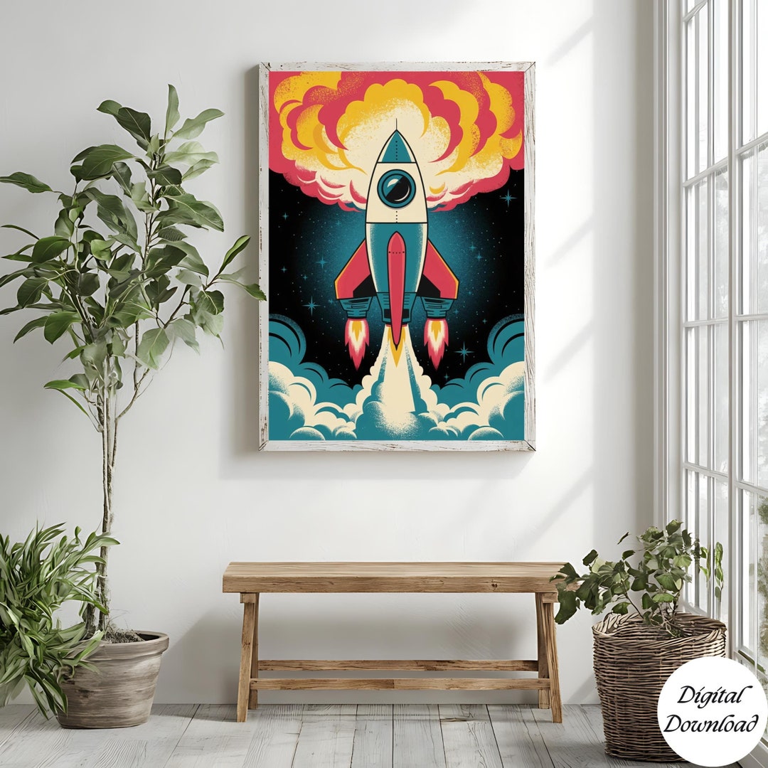 Retro Rocket Launch Print: Whimsical Space Nursery Decor (digital ...